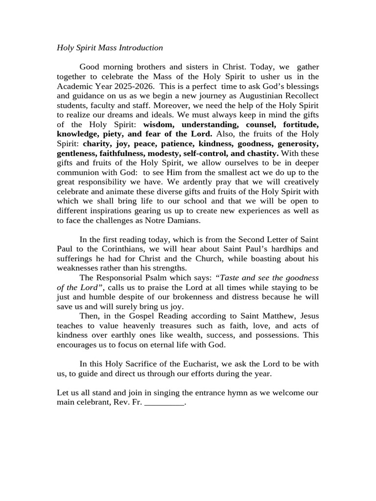 Holy Spirit Mass Introduction 2025-2026 | PDF | Prayer | Fruit Of The ...