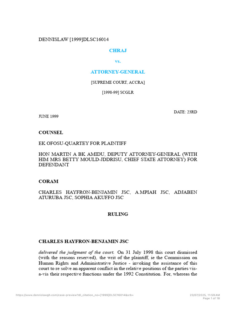 CHRAJ v Attorney-General Ruling | PDF | Jurisdiction | Separation Of Powers