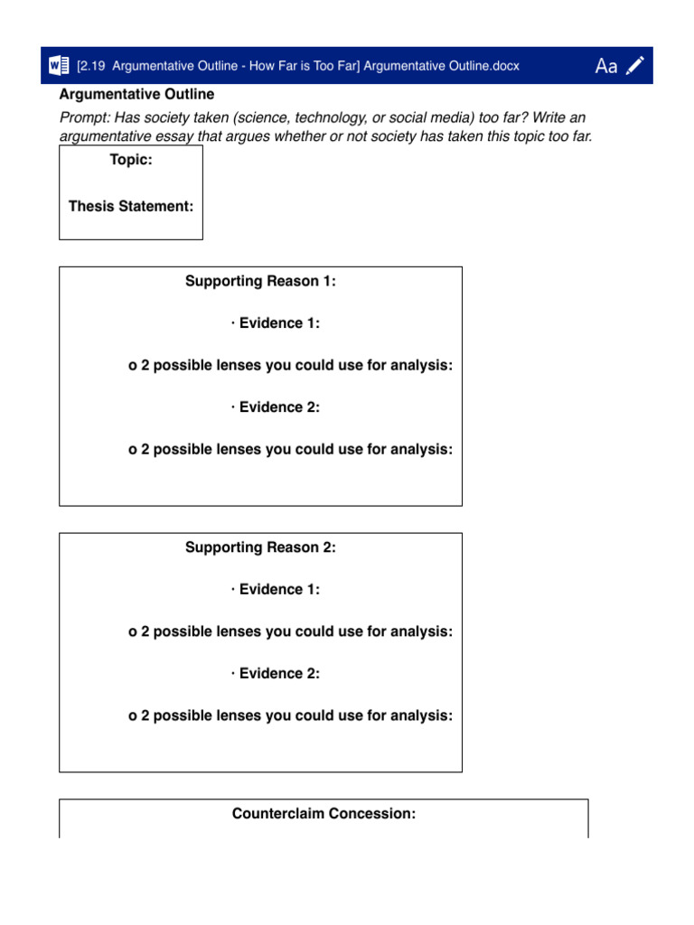 (2.19 Argumentative Outline - How Far Is Too Far) Argumentative Outline ...