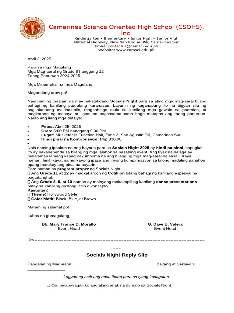 Socials Night Letter | PDF
