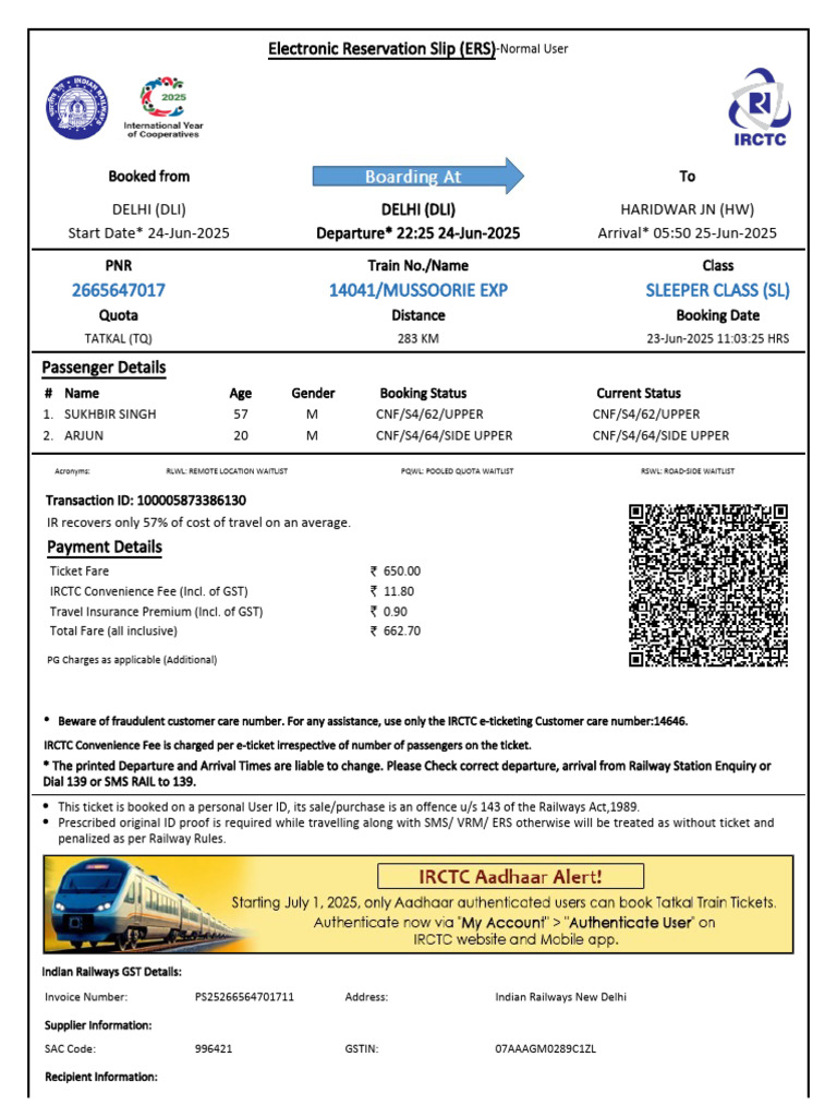 14041/mussoorie Exp Sleeper Class (SL) | PDF | Identity Document | Payments