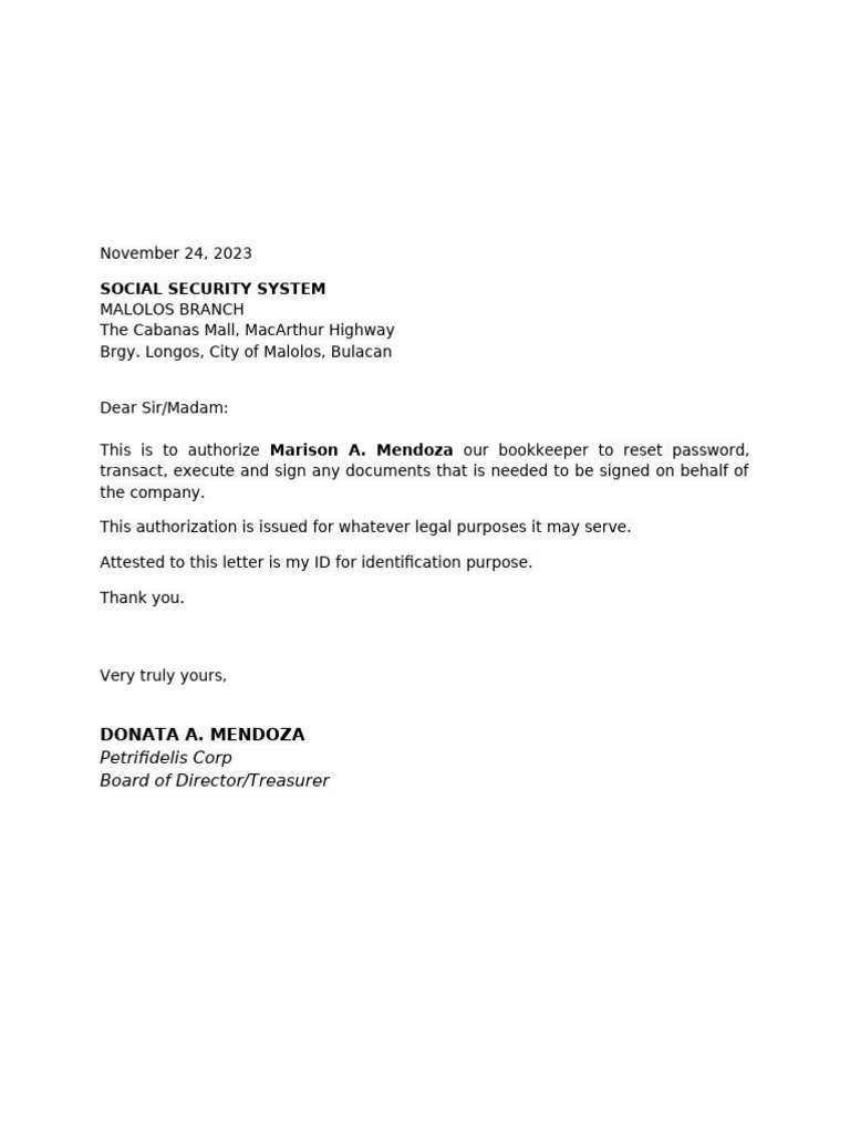 Authorization Letter for SSS Transaction | PDF