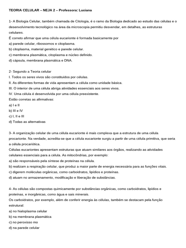 Exercícios de Teoria Celular | PDF | Célula (Biologia) | Citoplasma