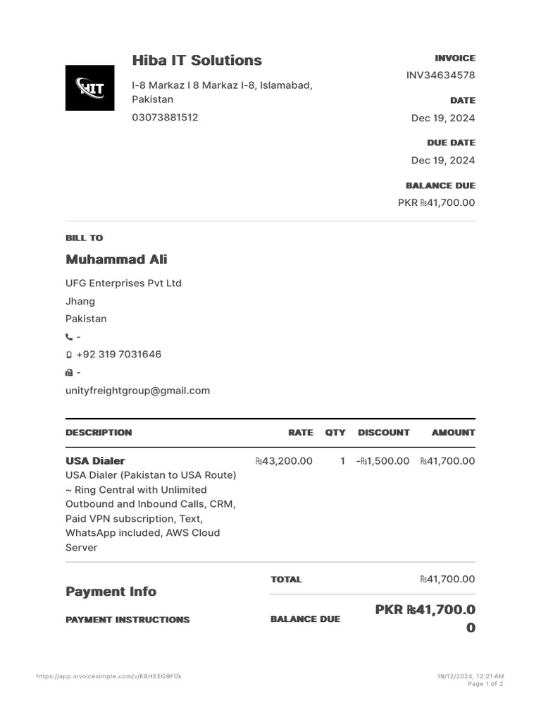 Hiba IT Solutions - Invoice INV34634578 | PDF