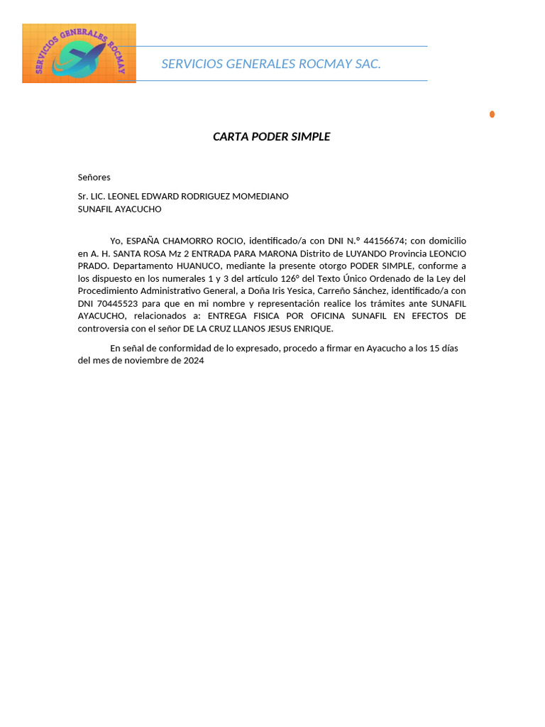Carta Poder Rocio - Vidal | PDF