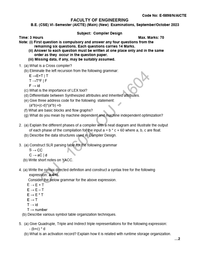 Compiler Design Exam Questions 2023 | PDF