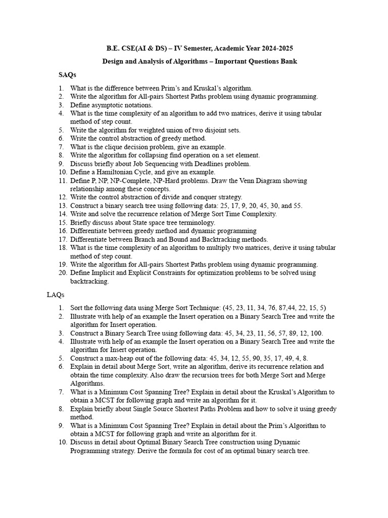 DAA Important Questions For OU Exam PDF | PDF | Dynamic Programming | Time Complexity