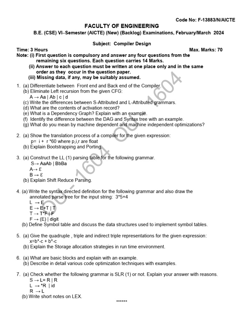 Compiler Design Exam Paper February 2024 | PDF