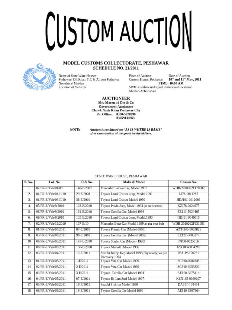 Peshawar Vehicle Auction Schedule 2011 | PDF | Toyota | Vehicle Technology