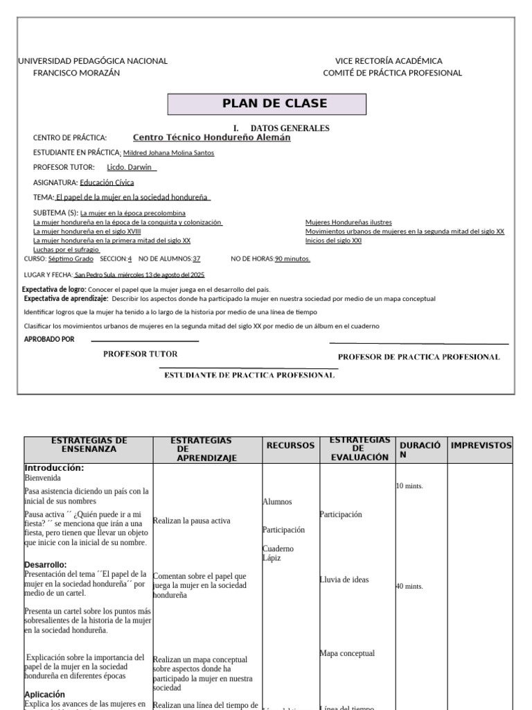 Plan de Clase 4 - El Papel de La Mujer en La Sociedad Hondureña ...