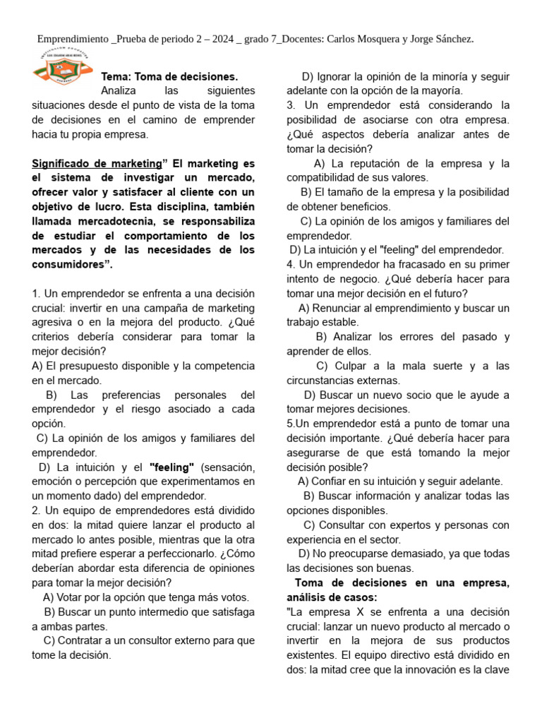 Emprendimiento - Prueba de Periodo 2 - 2024 - Grado 7 - Docentes Carlos ...