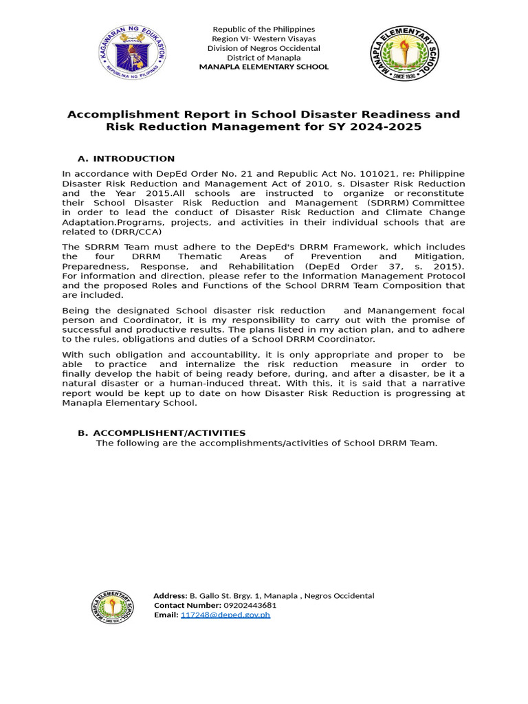 SDRRM Accomplishment Report 2024-2025 | PDF | Disaster Risk Reduction | Risk Management