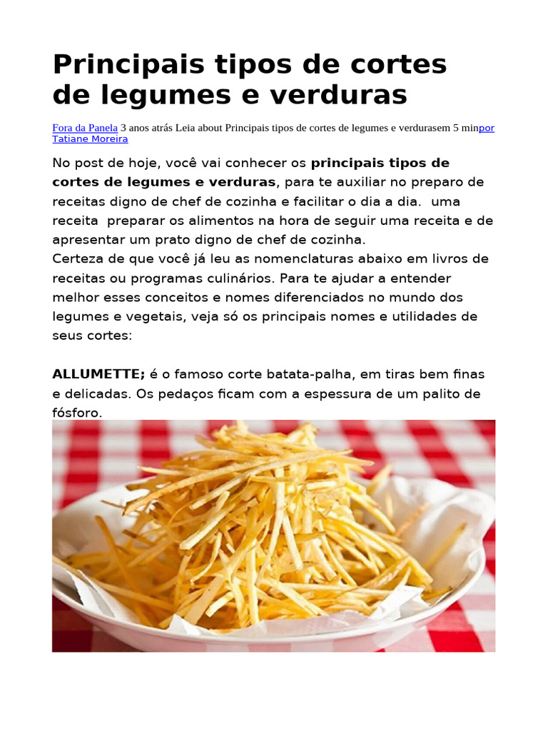 Principais Tipos de Cortes de Legumes e Verduras | PDF | Alimentos ...