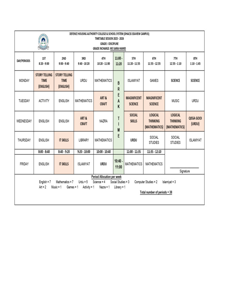 DHACSS Seaview Campus Timetable 2025-2026 | PDF | Science | Mathematics