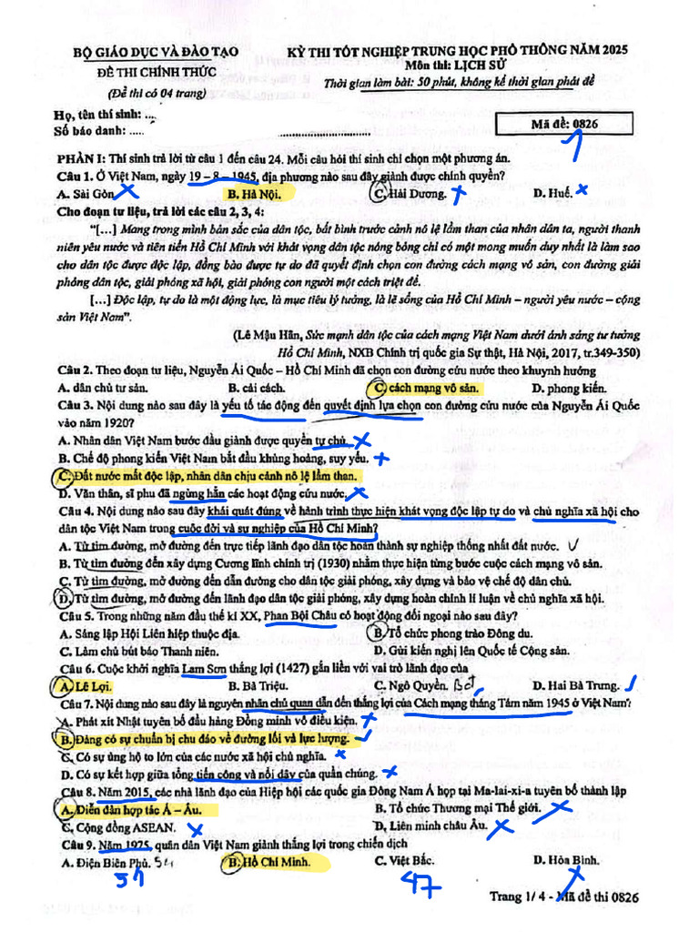 Đề Thi Thptqg Lịch Sử 2025 - Mã 0826 | PDF