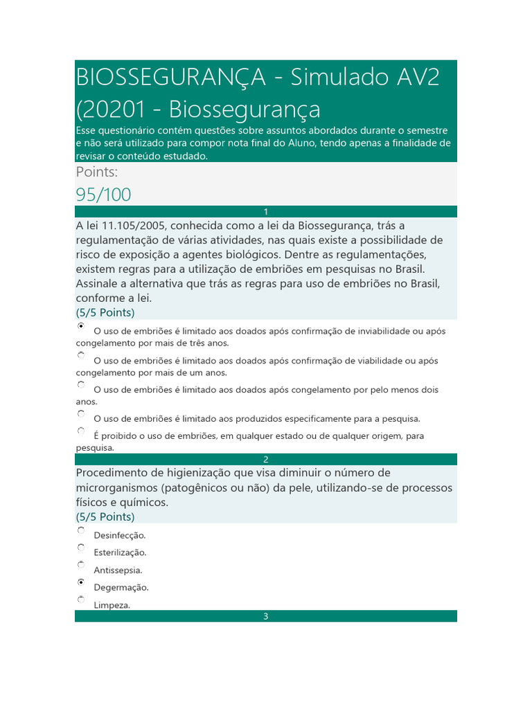 Simulado de Biossegurança AV2 | PDF | Infecção | Desperdício