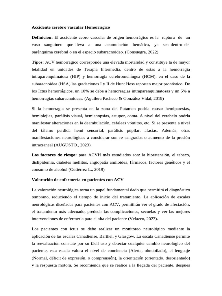 ACV Hemorrágico: Definición y Valoración | PDF | Carrera | Enfermedades ...