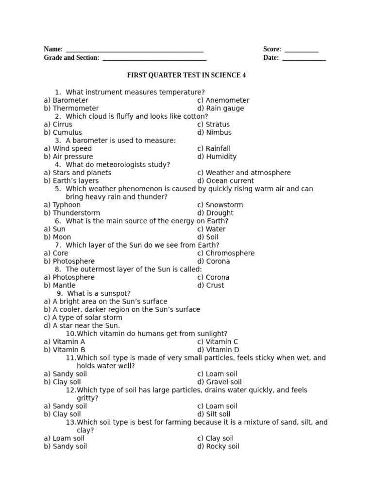 Science 4 First Quarter Test Questions | PDF | Sun | Earth