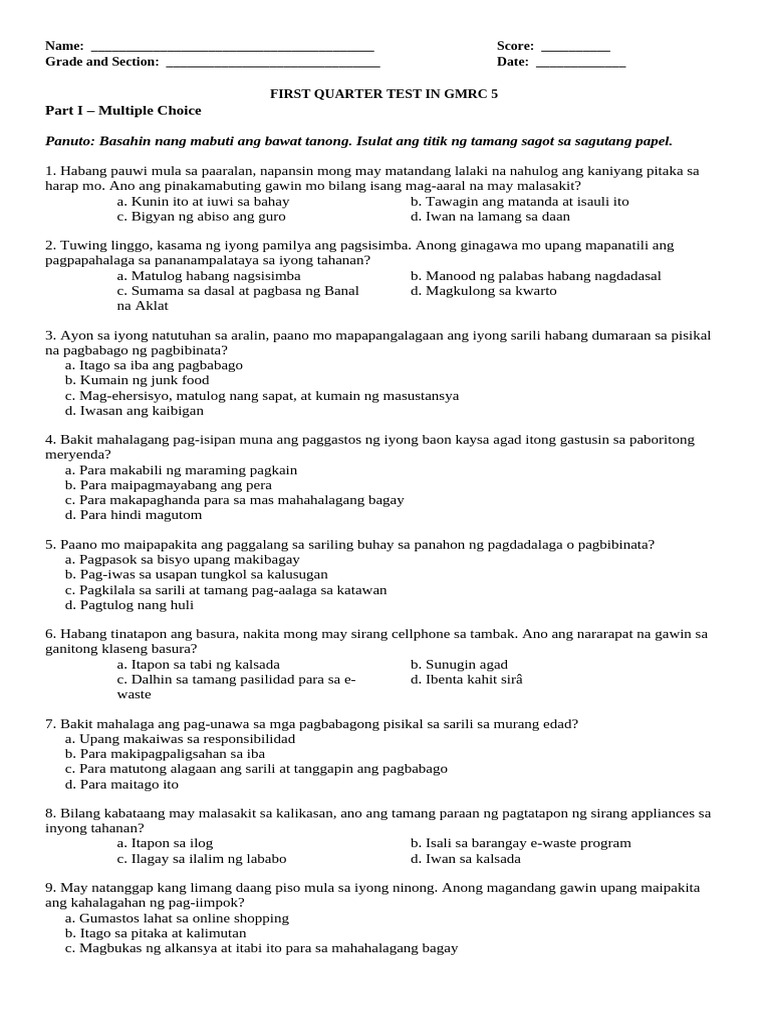 DTC - PT - GMRC - 5 - Q1 Matatag Tos Key | PDF
