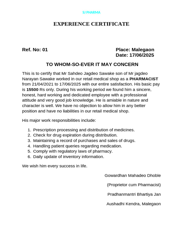Pharmacist Experience Certificate Template | PDF