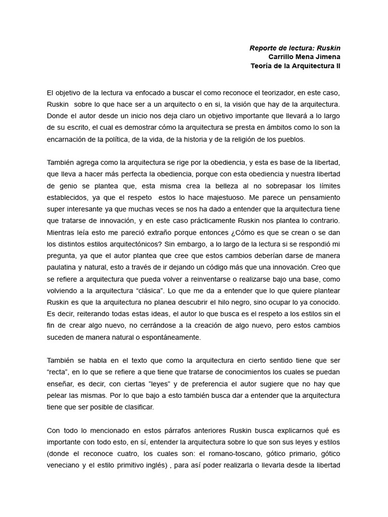 Reporte de Lectura_ Ruskin (Carrillo Mena) | PDF