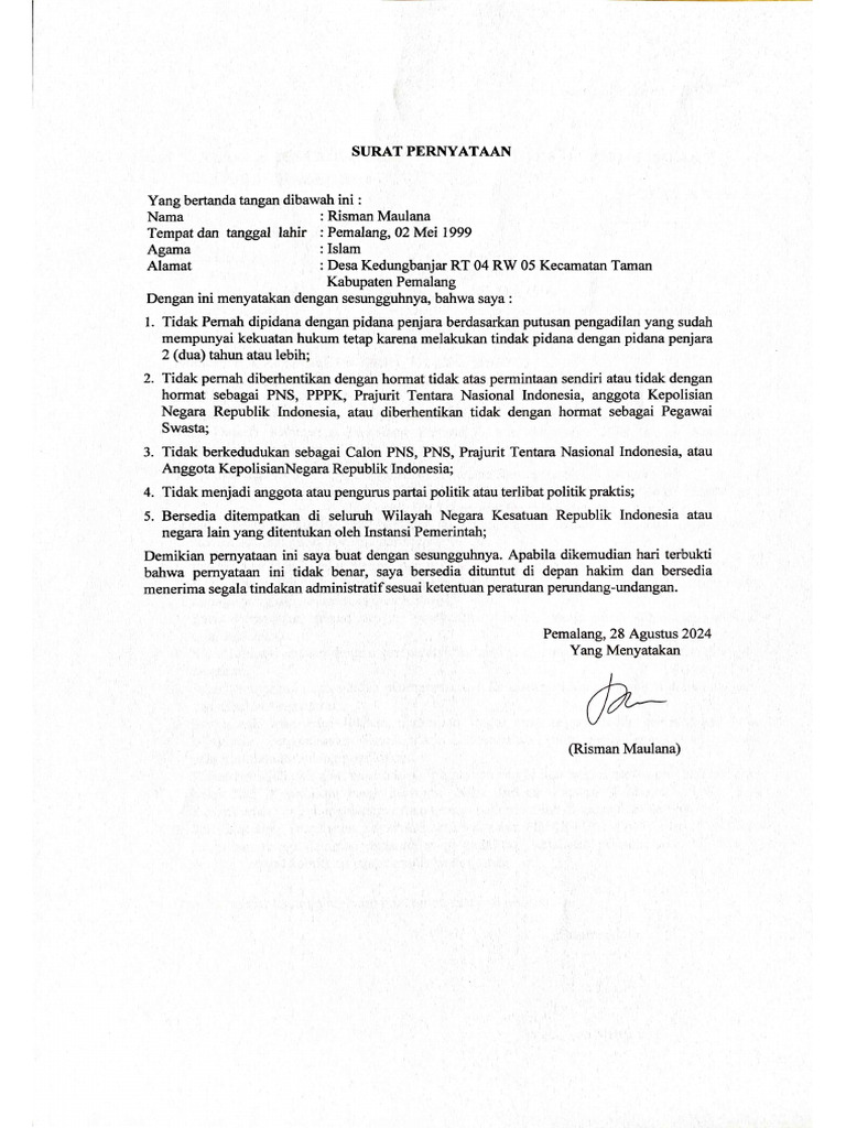 Surat Pernyataan 5 Poin Risman | PDF