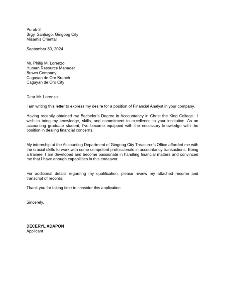 Deceryl Adapon - Cover Letter & Resume | PDF | Business
