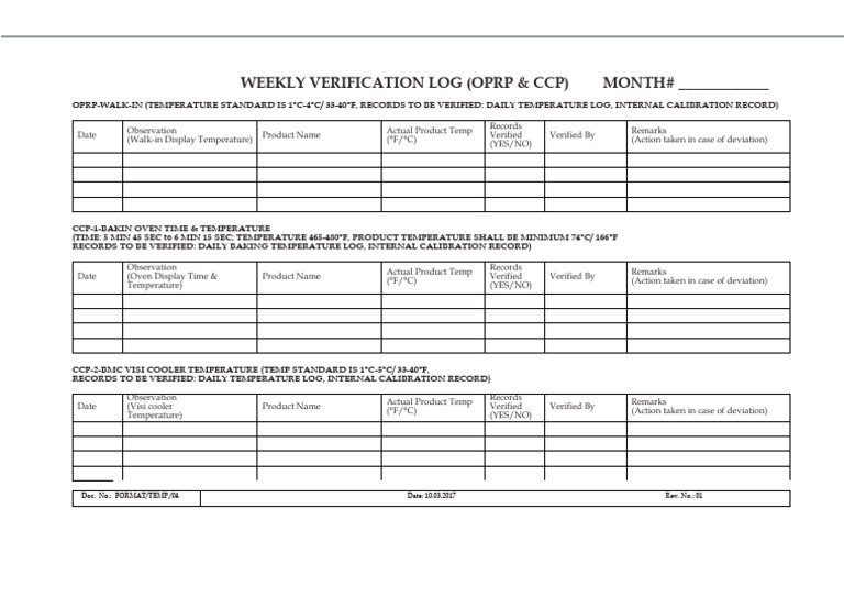 Weekly OPRP & CCP Verification Log | PDF