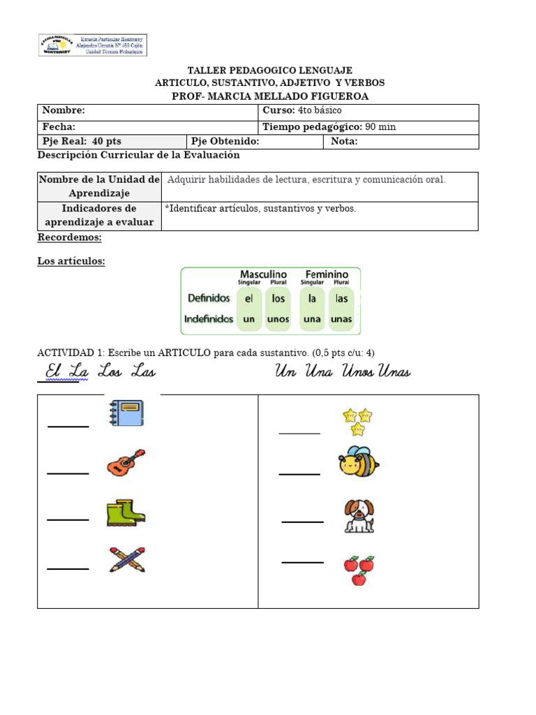 Taller Art Sust Adj y Verbo | PDF | Adjetivo | Sustantivo