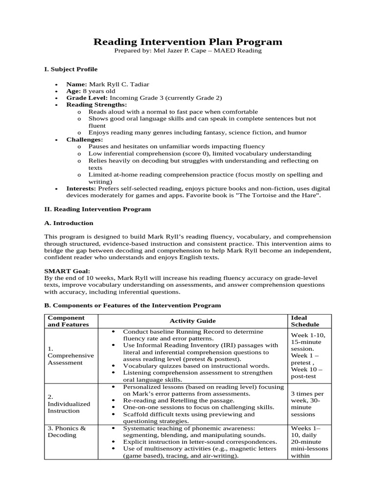 Reading Intervention Plan for Mark Tadiar | PDF | Reading Comprehension ...