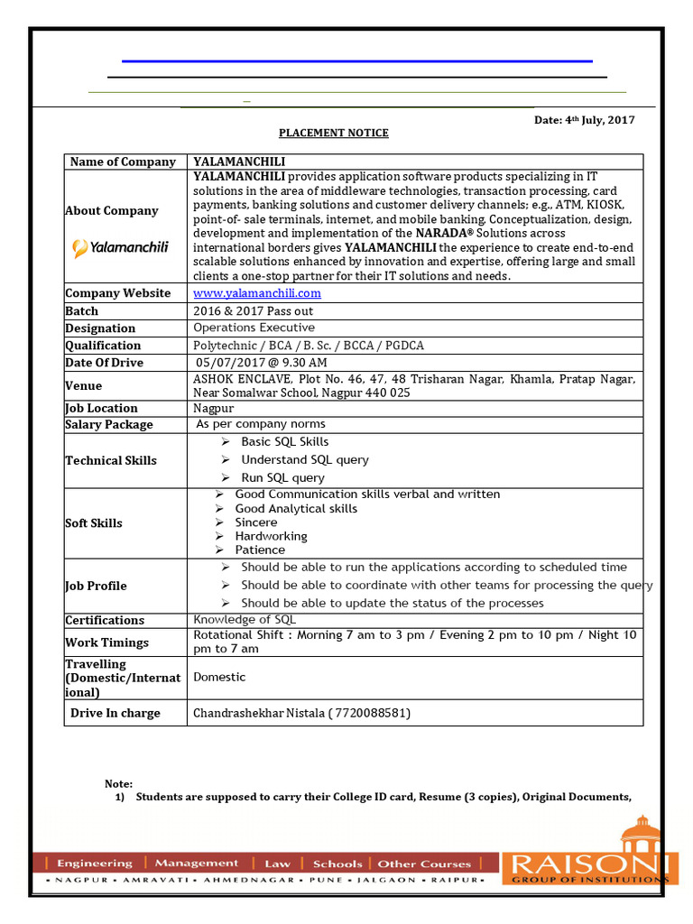 Yalamanchili Operations Executive Placement | PDF