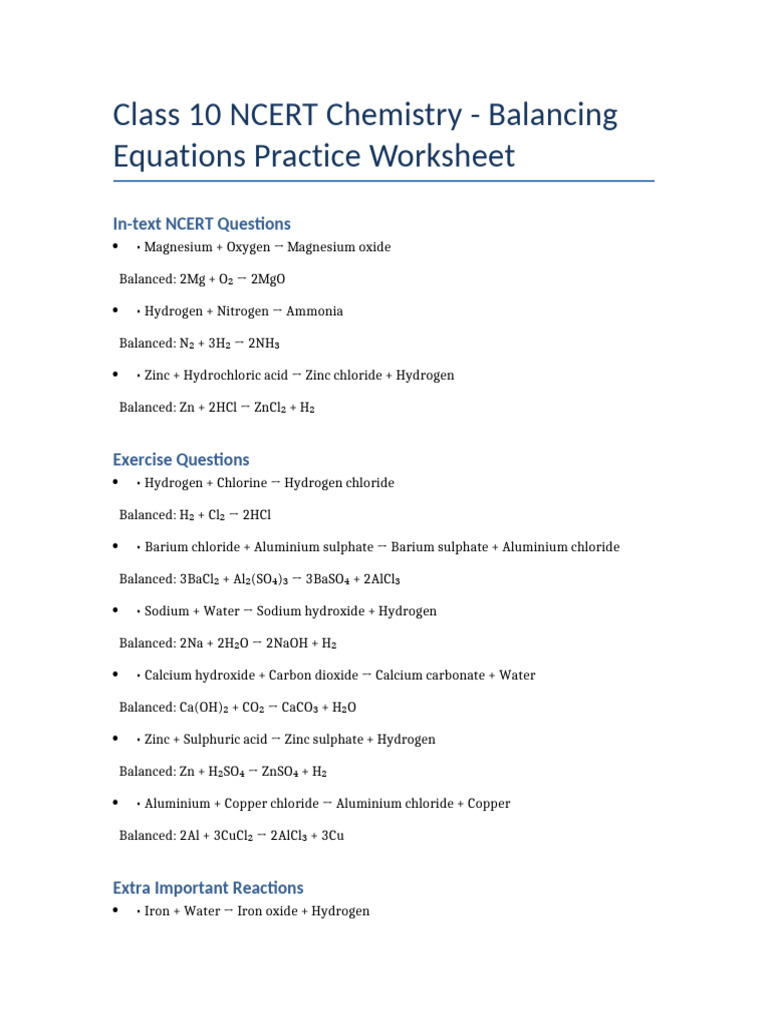 Class 10 Balancing Equations Worksheet | PDF