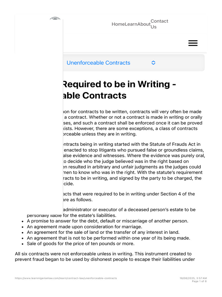 Unenforceable Contracts in Nigeria | PDF | Guarantee | Legal Concepts