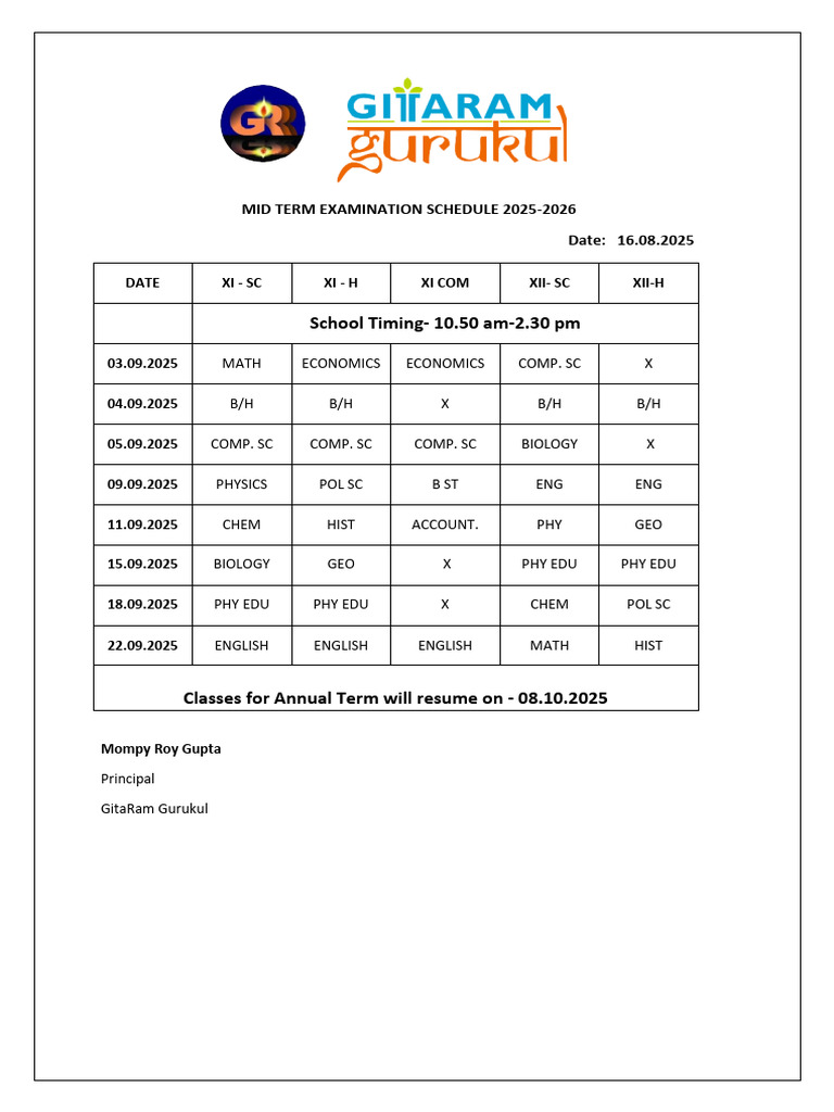 Mid Term Exam Schedule 2025-26 | PDF