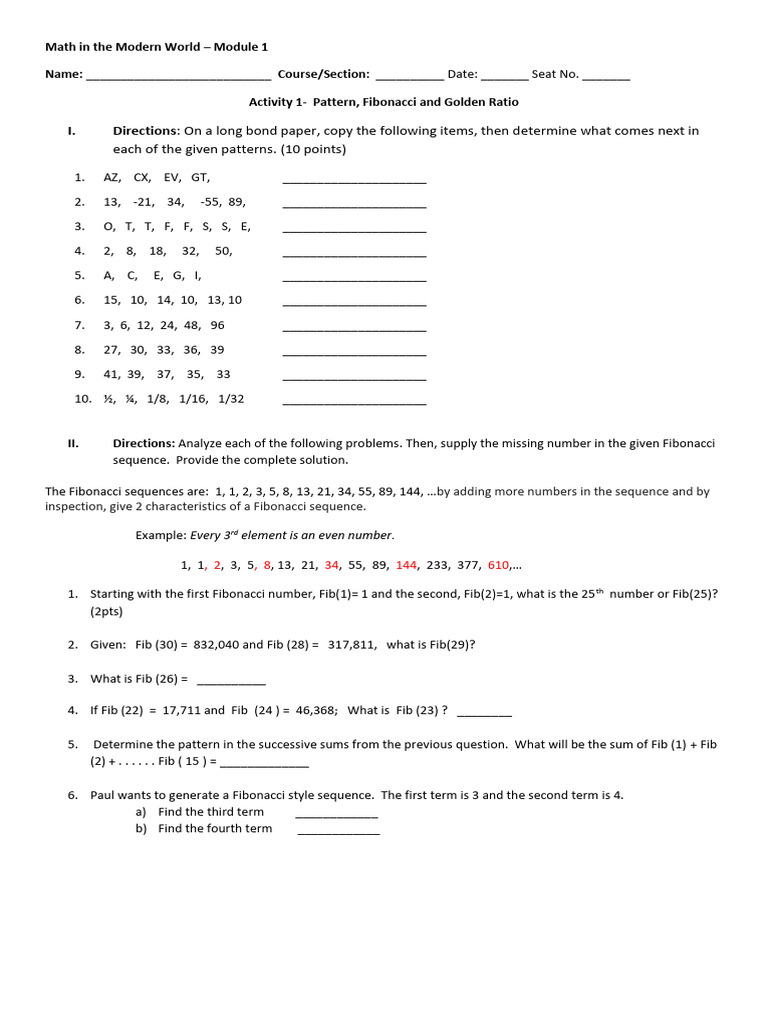 Activity 1 Pattern Fibonacci Golden Ratio | PDF