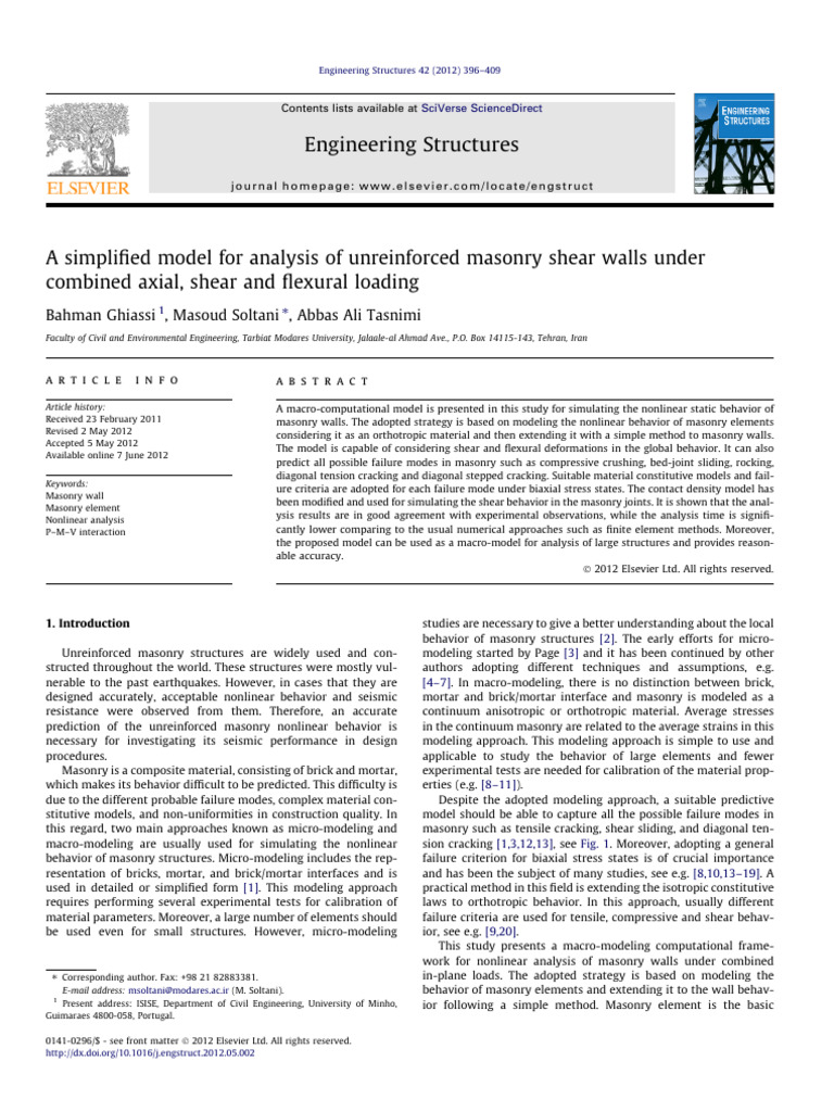 A simplified model for analysis of unreinforced masonry shear walls under combined axial, shear ...