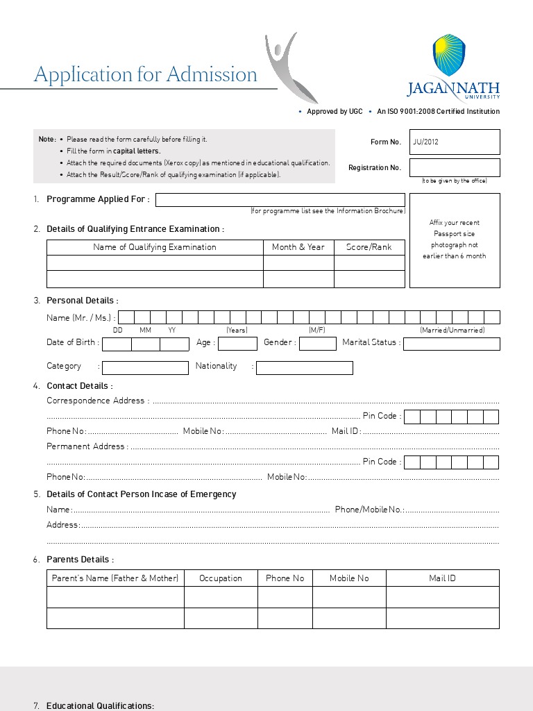 Application For Admission: (To Be Given by The Office) | PDF ...