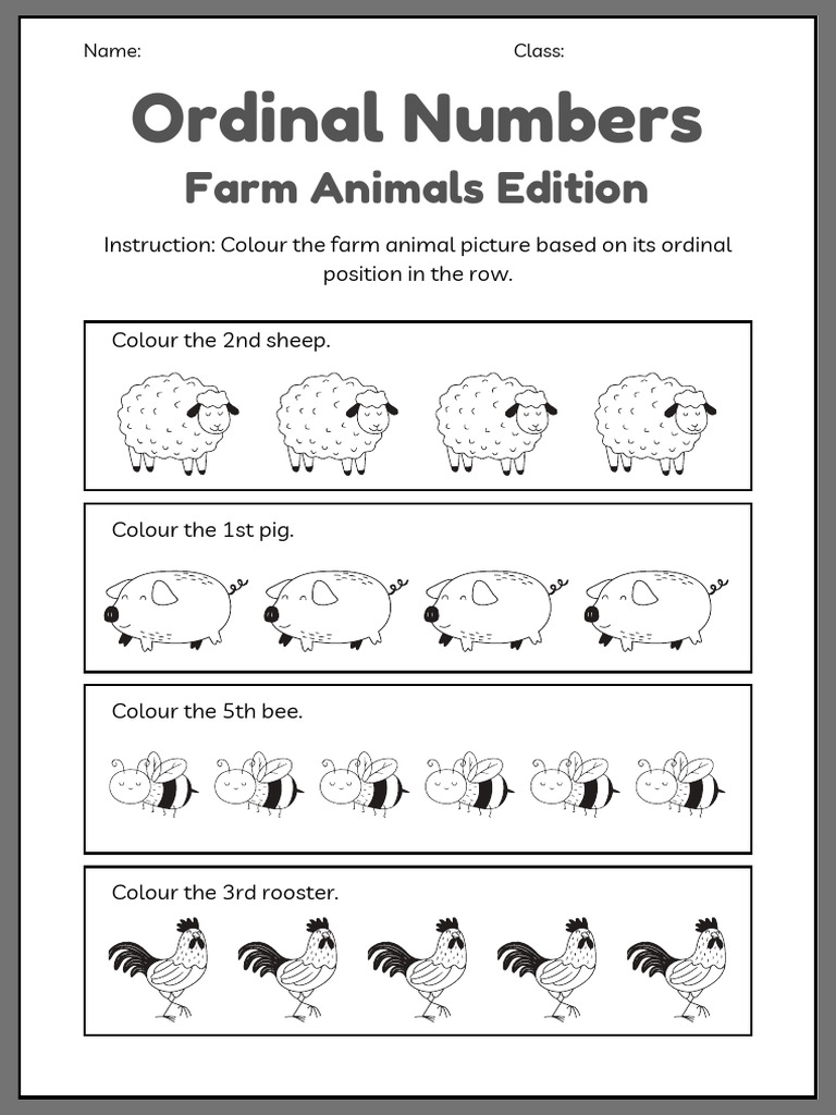 Greyscale Farm Animals Ordinal Numbers Math Worksheet - 20250812 ...
