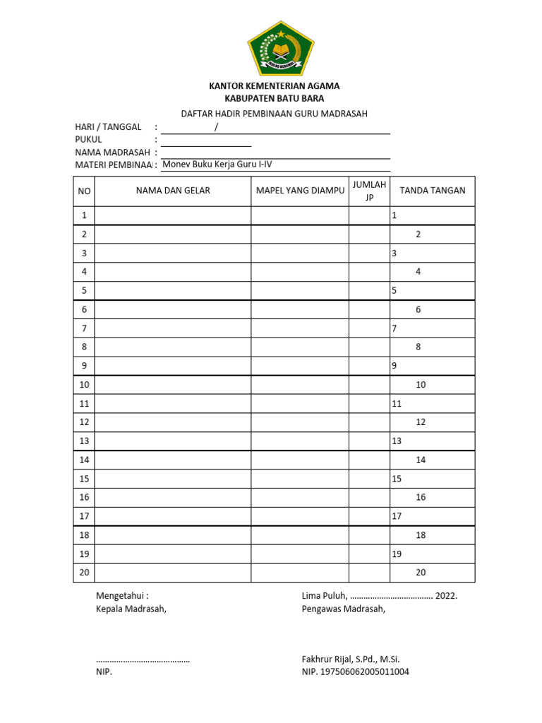 00 Monev Buku Kerja Guru - Daftar Hadir | PDF