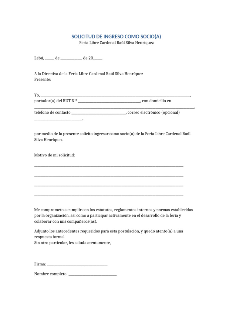 Comparto 'Solicitud Ingreso Socio Feria Cardenal' Contigo | PDF