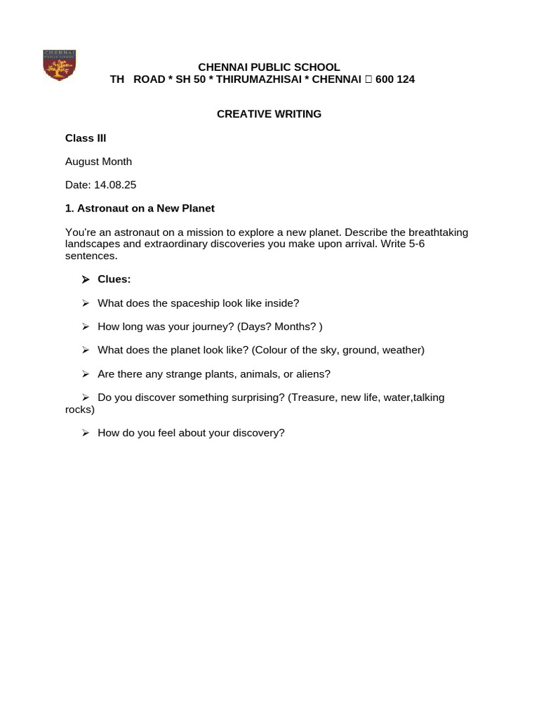 Creative Writing Assignment for Class 3 | PDF