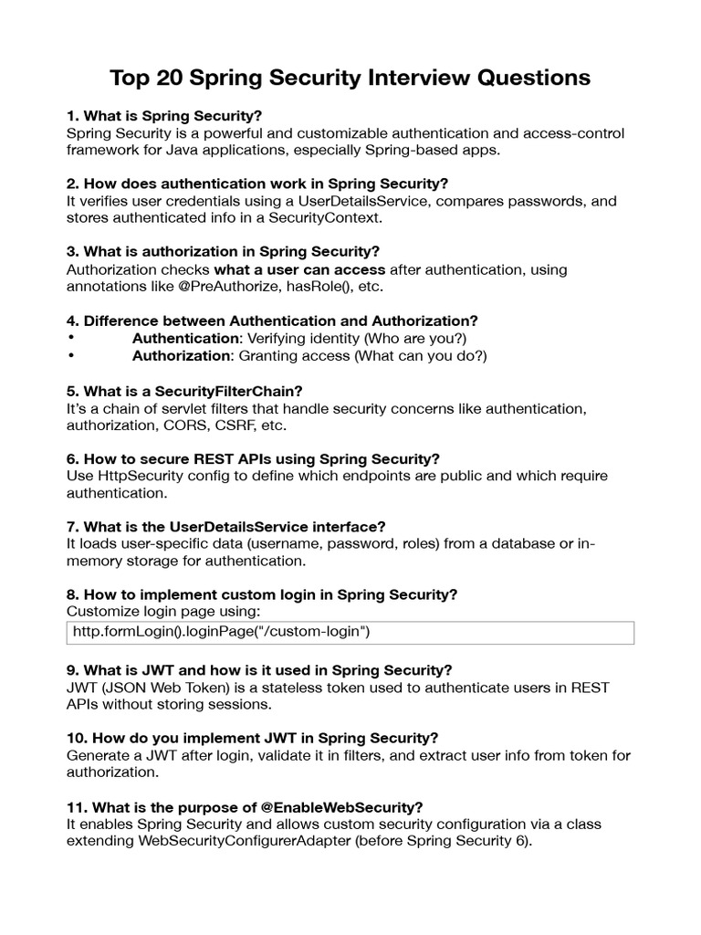 Top 20 Spring Security Interview Questions | PDF | Authentication | Security