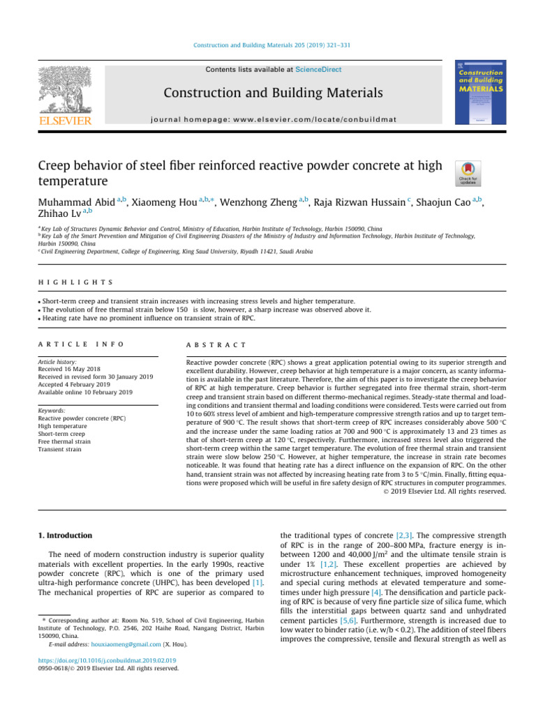 Creep Behavior of Steel Fiber Reinforced Reactive 2019 Construction and ...