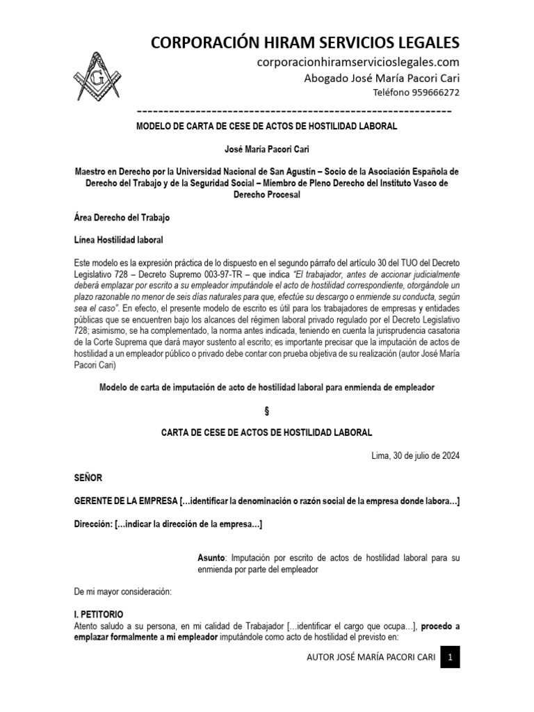 Modelo de carta de cese de hostilidad laboral | PDF | Derecho laboral ...