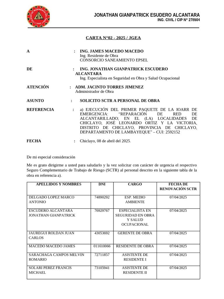 Carta N°02 - Solicitud SCTR | PDF