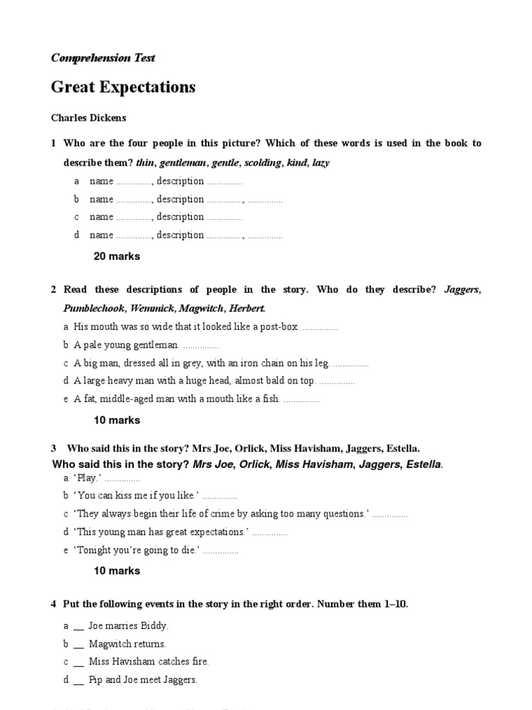 Great Expectations: Comprehension Test | PDF | Great Expectations ...