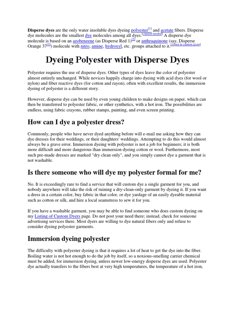 Disperse Dyes Are The Only Water Insoluble Dyes Dyeing Polyester | PDF ...