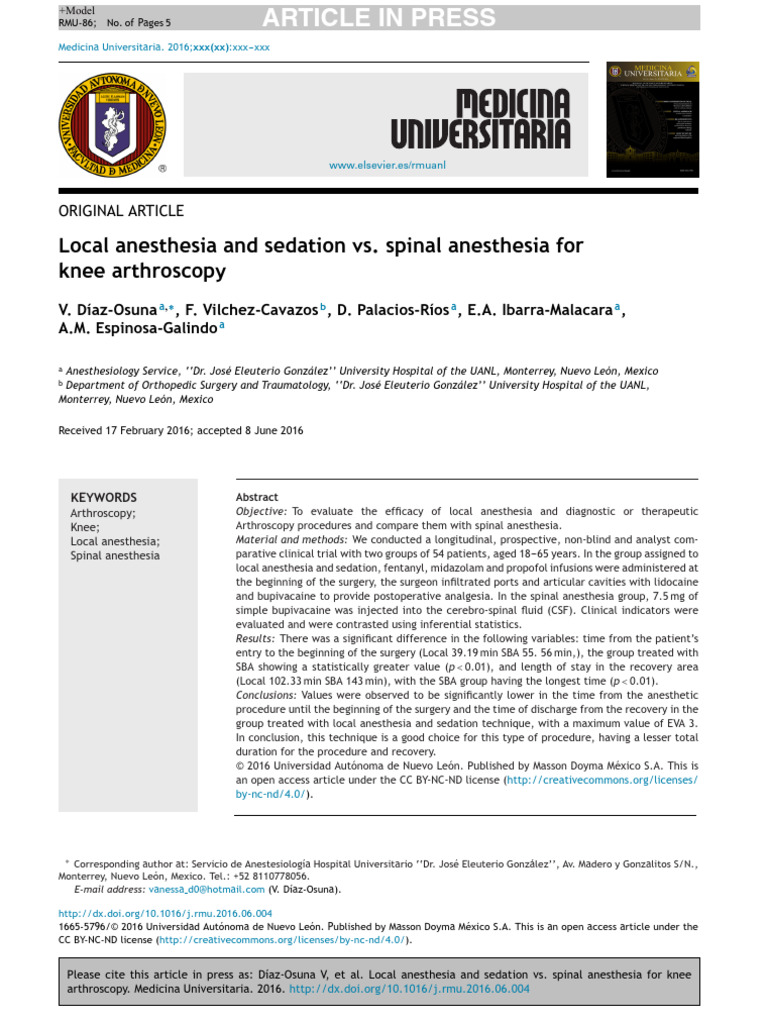 Local vs Spinal Anesthesia in Knee Arthroscopy | PDF | Anesthesia | Surgery