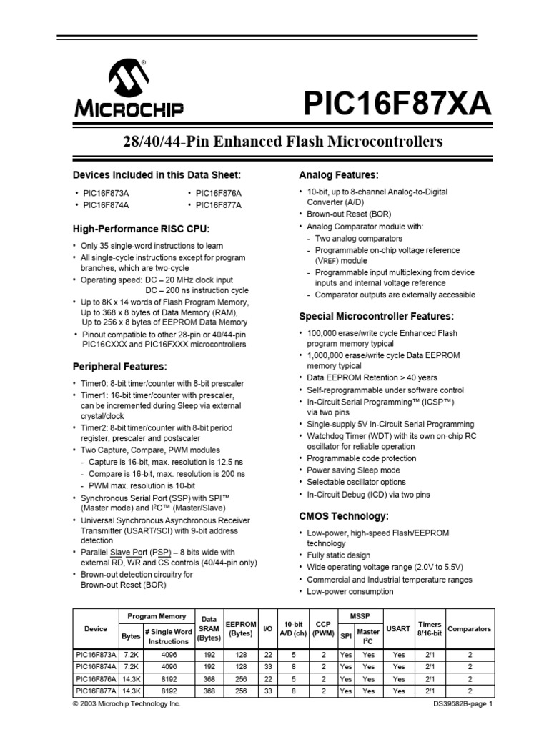 PIC16F87XA Microcontroller Overview | PDF | Microcontroller | Flash Memory