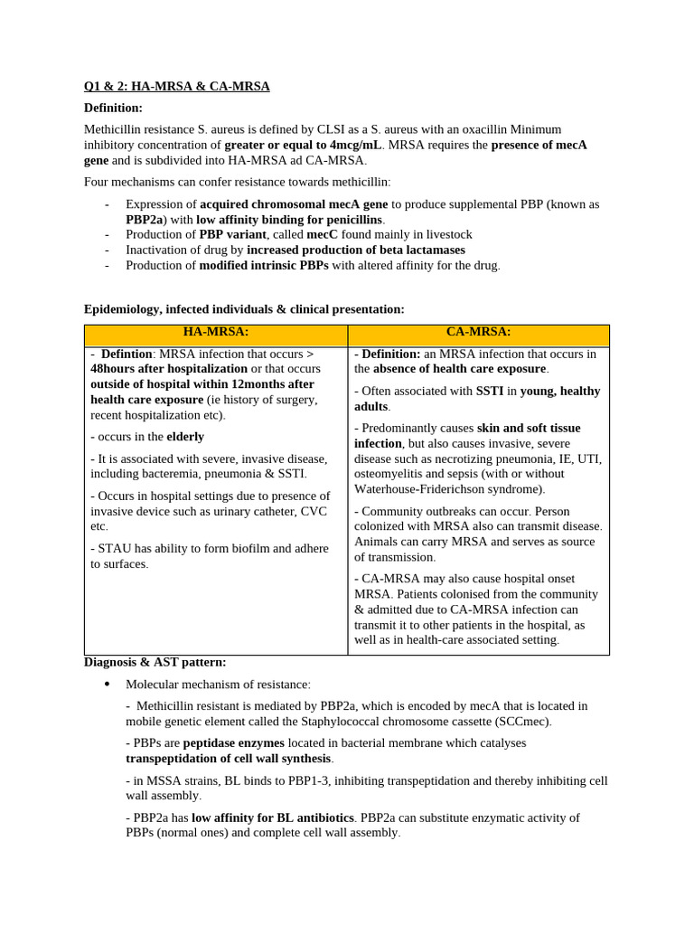 HA-MRSA vs CA-MRSA: Definitions & Treatment | PDF | Beta Lactamase ...